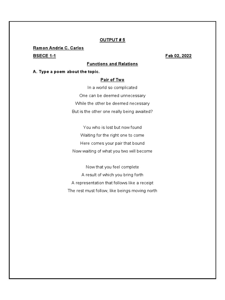 Functions and Relations Poem and Seatwork | PDF | Language Arts ...
