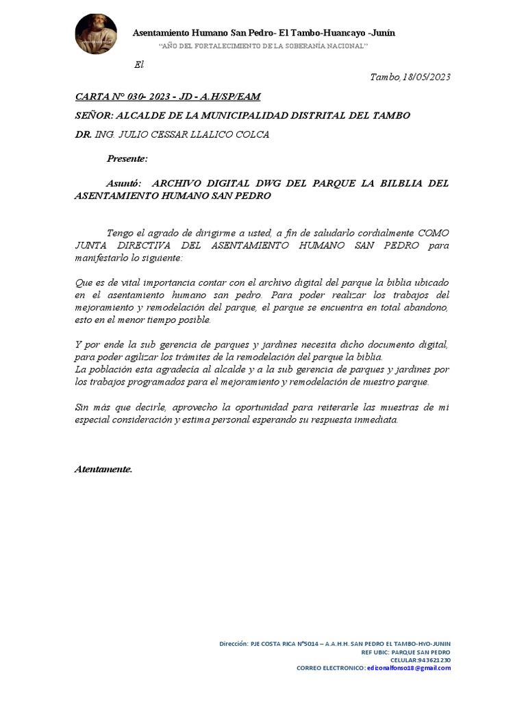 Carta para El Mejoramiento de Parque | PDF