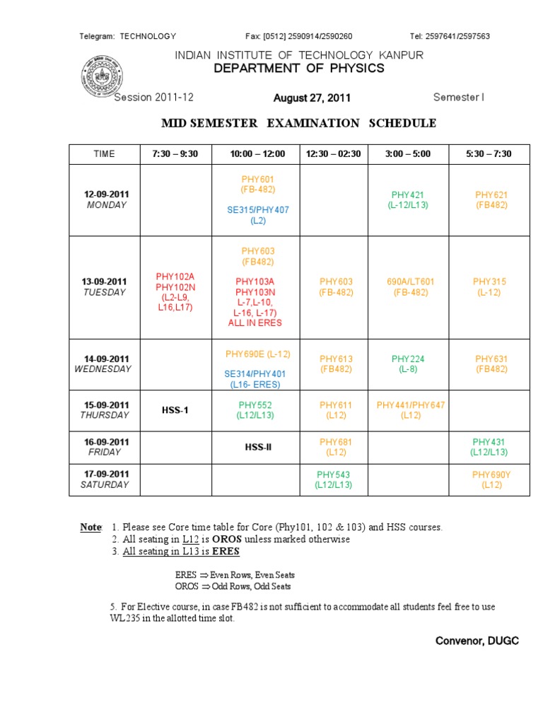 IIT Kanpur Physics Mid-Sem Exam Schedule | PDF