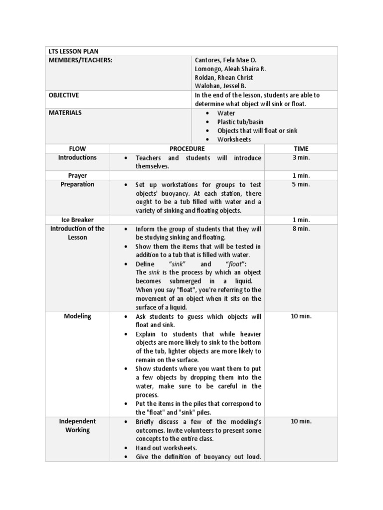 Sinking and Floating Lesson Plan | PDF | Buoyancy | Education Theory