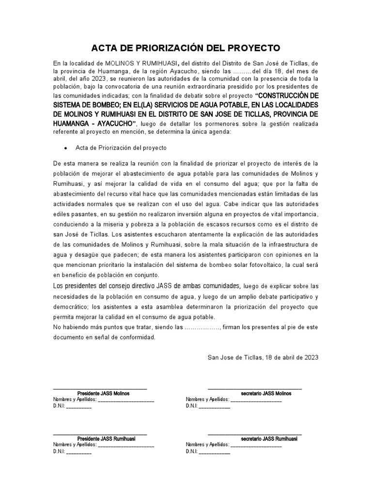 Acta de Priorizacion de Proyecto 2023 TICLLAS | PDF | Agua | Pobreza