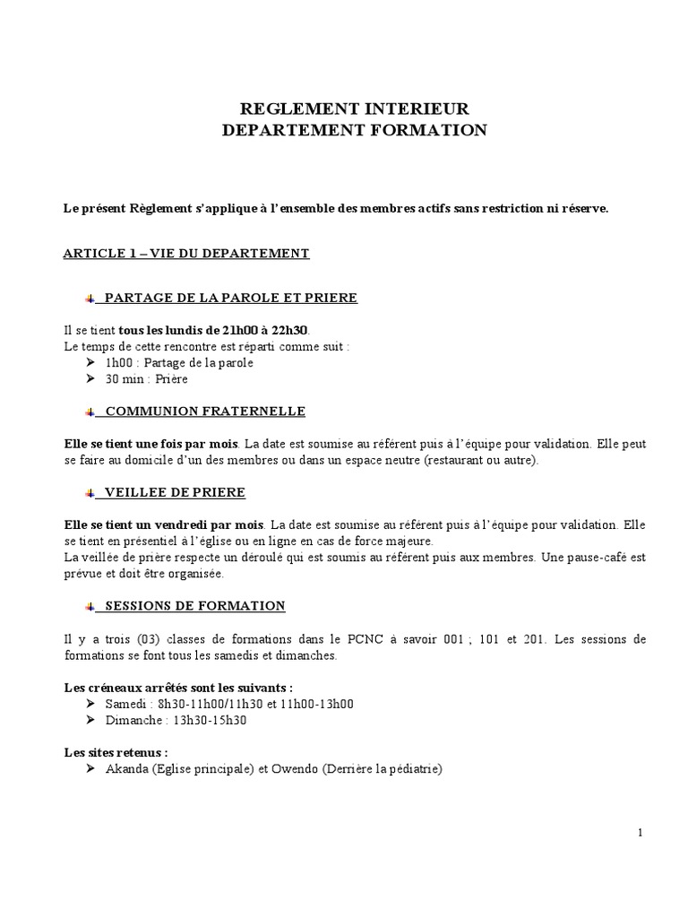 Règlement Intérieur du Département Formation | PDF