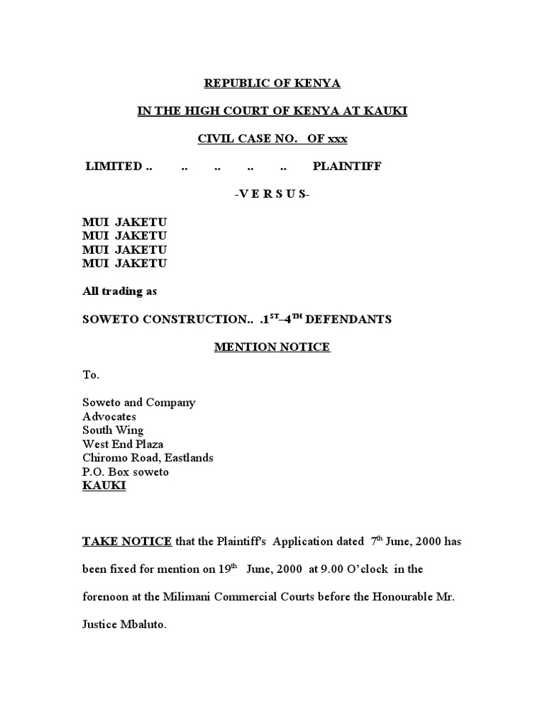 High Court Mention Notice Sample Kenya | PDF | Business | Finance ...