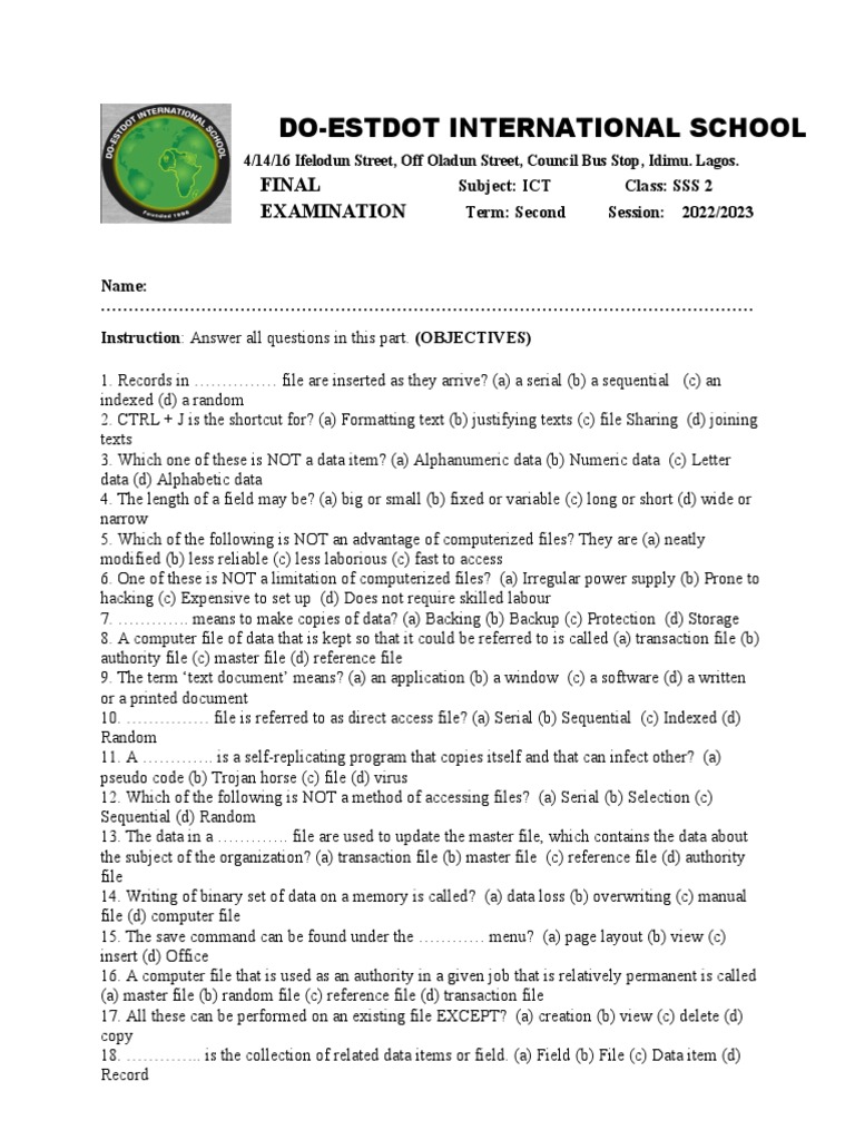 SSS 2 ICT (Second TERM - FINAL EXAM) 2022-2023 | PDF | Computer Data Storage | Central ...