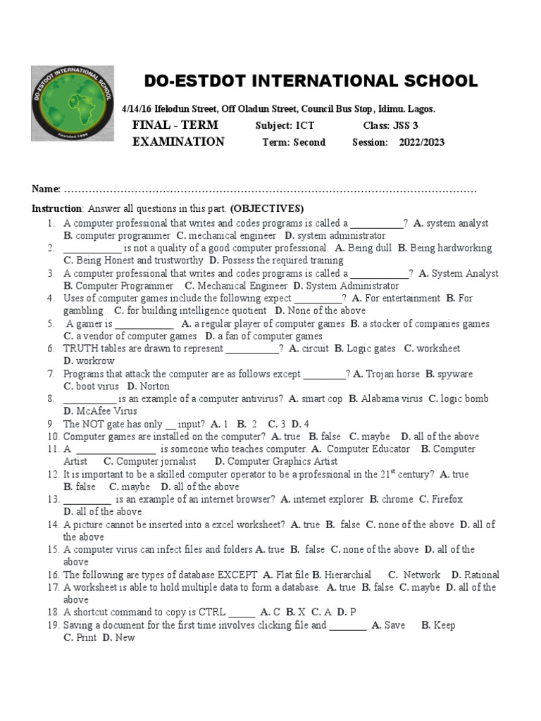 JSS3 Second Term ICT Exam Questions | PDF | Computer File | Antivirus Software