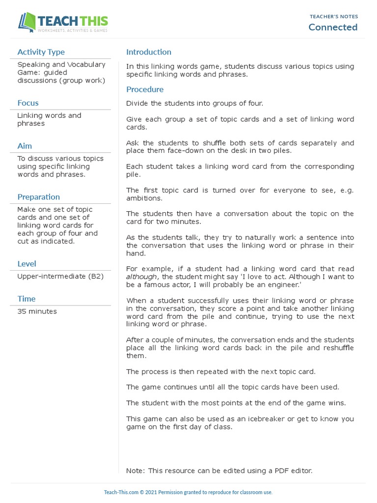 Linking Words Speaking Game for B2 | PDF | Word | Phrase