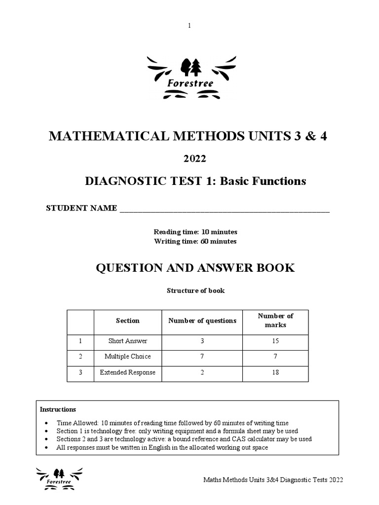 Diagnostic Test 1 Basic Functions 2 | PDF | Function (Mathematics ...