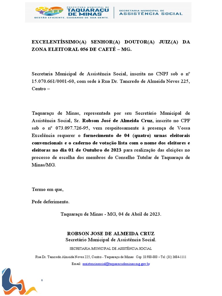 Doc Oficio Solicitação de Urna para Eleição do Conselho Tutelar | PDF Doc Oficio Solicitação de Urna para Eleição do Conselho Tutelar | PDF