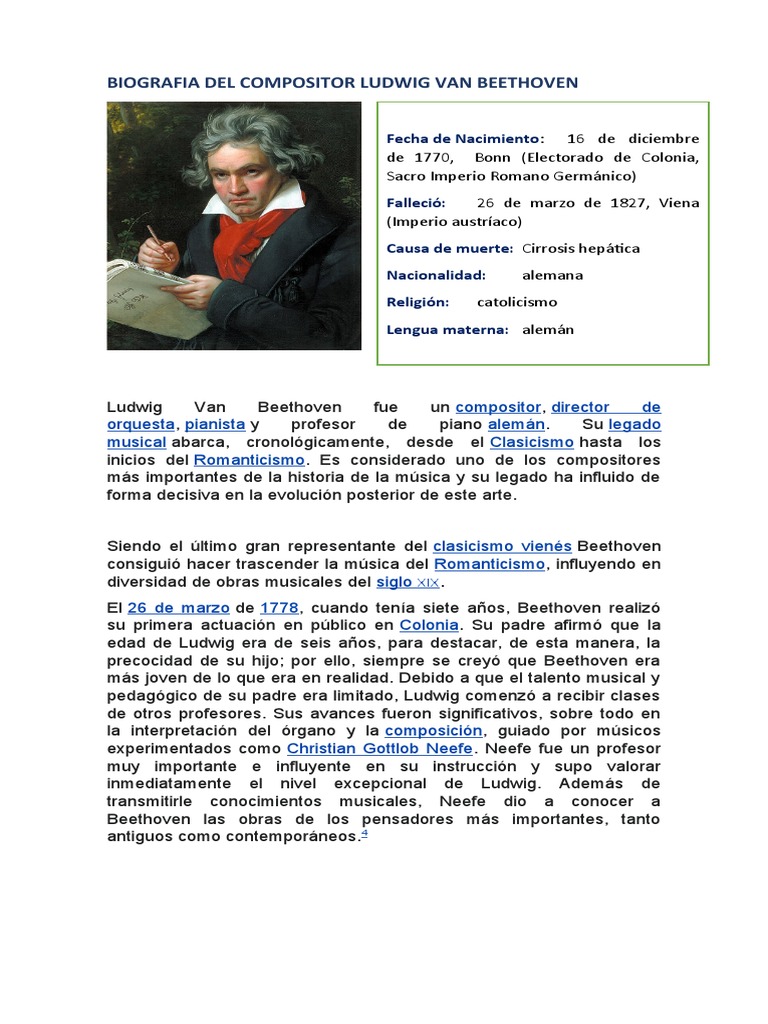 Biografia Del Compositor Ludwig Van Beethoven | PDF