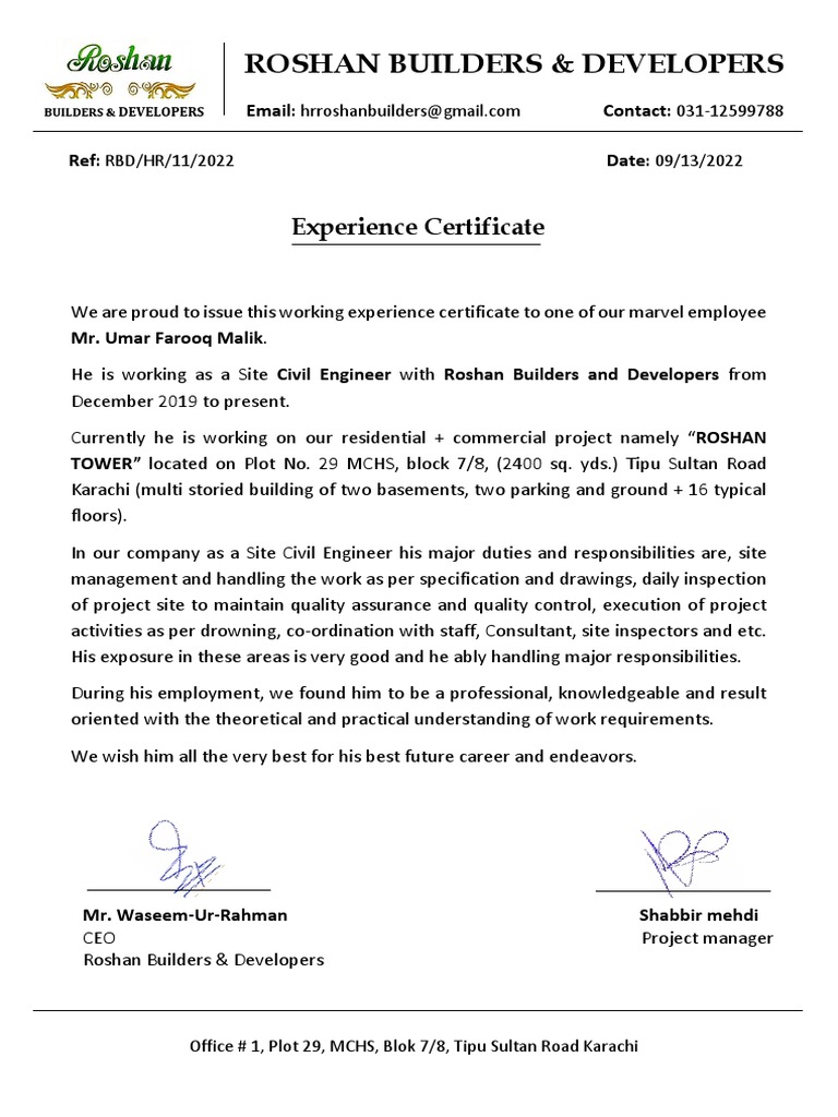 Civil Engineer Experience Certificate | PDF | Business