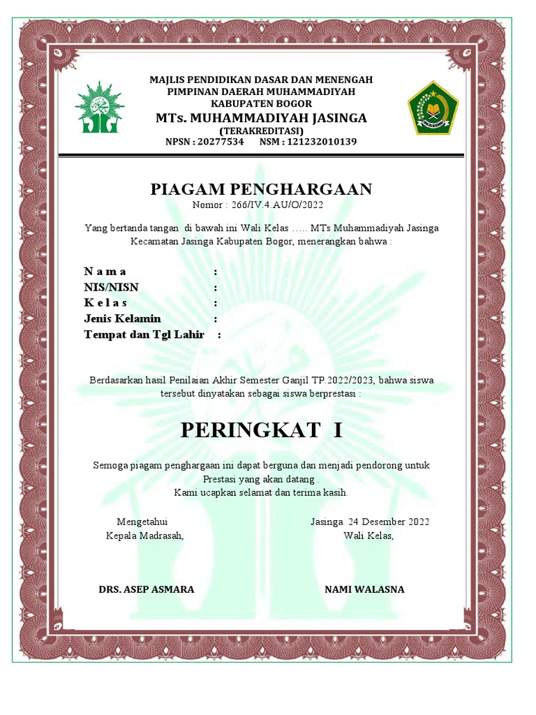 Contoh Piagam Peringkat Kelas | PDF