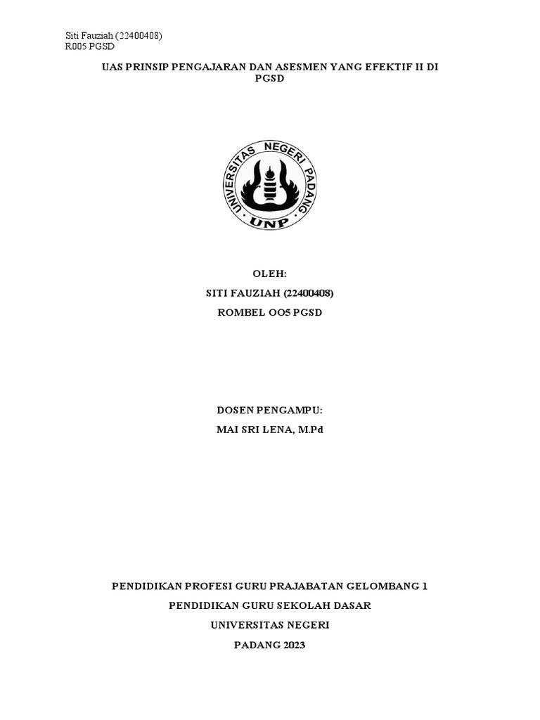UAS PPAE 2 - Siti Fauziah 22400408 - R005 PGD | PDF