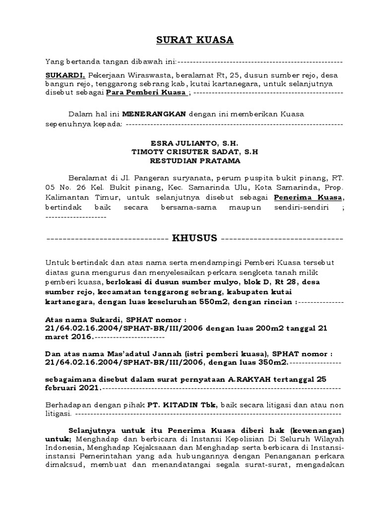 SURAT KUASA Sukardi Vs Kitadin | PDF