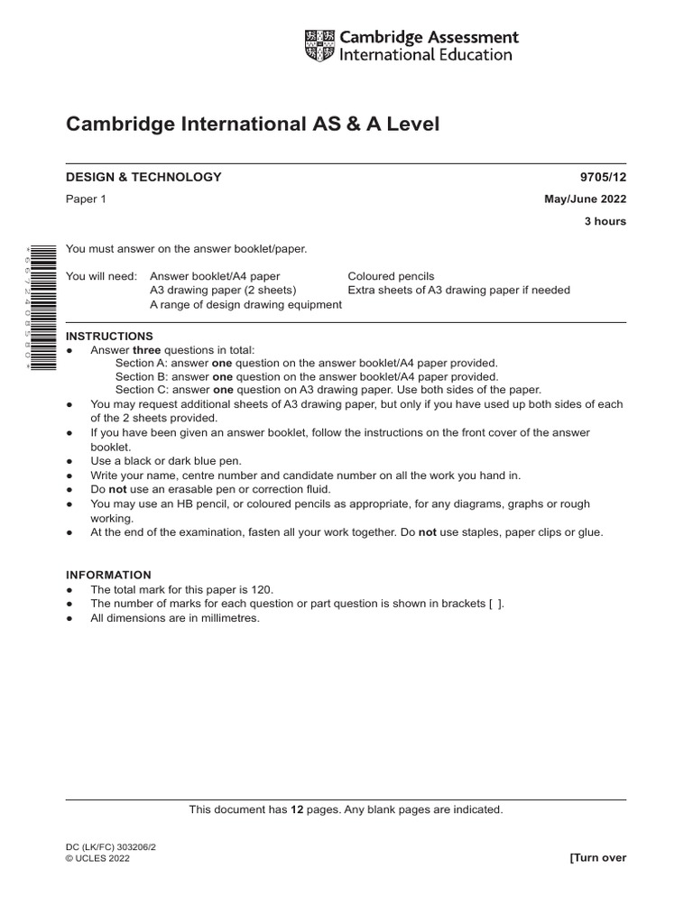 Cambridge International AS & A Level: Design & Technology 9705/12 | PDF ...