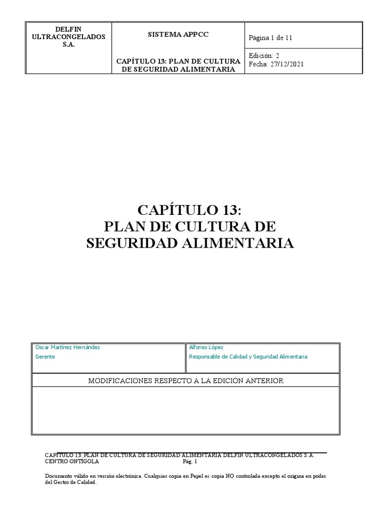 CAPÍTULO 13. Plan de Cultura de Seguridad Alimentaria. Ed.1 27-12-2021 | PDF | Seguridad ...