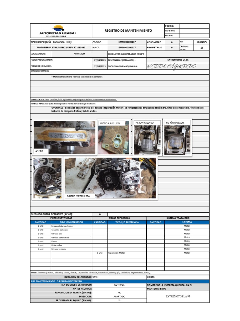 EMM000000115 Informe Mtto-COR | PDF | Neumático | Motores