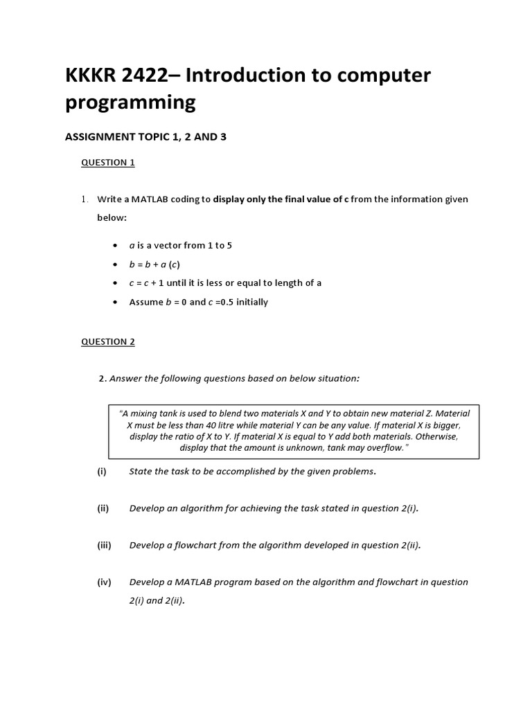 MATLAB Programming Assignment Guide | PDF