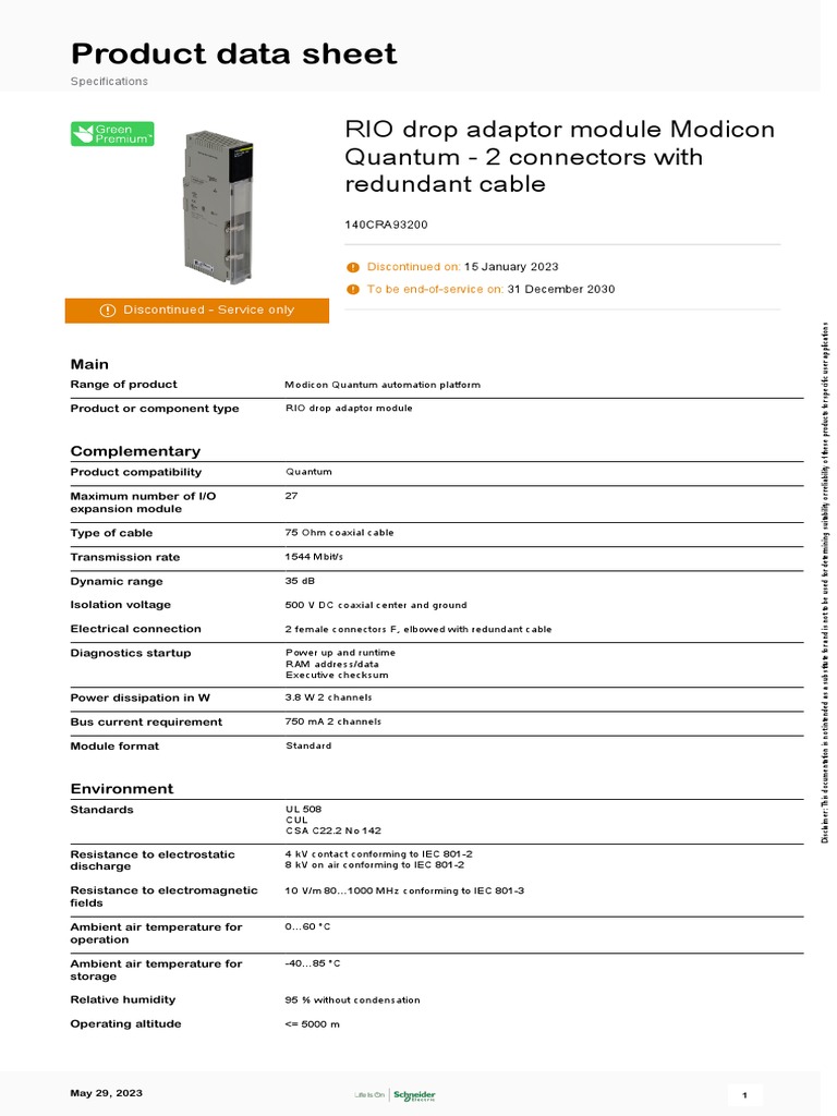 Modicon Quantum - 140CRA93200 | PDF | Coaxial Cable | Electrical ...