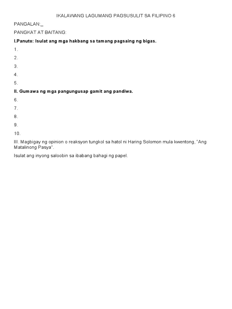Ikalawang Lagumang Pagsusulit Sa Filipino 6 | PDF