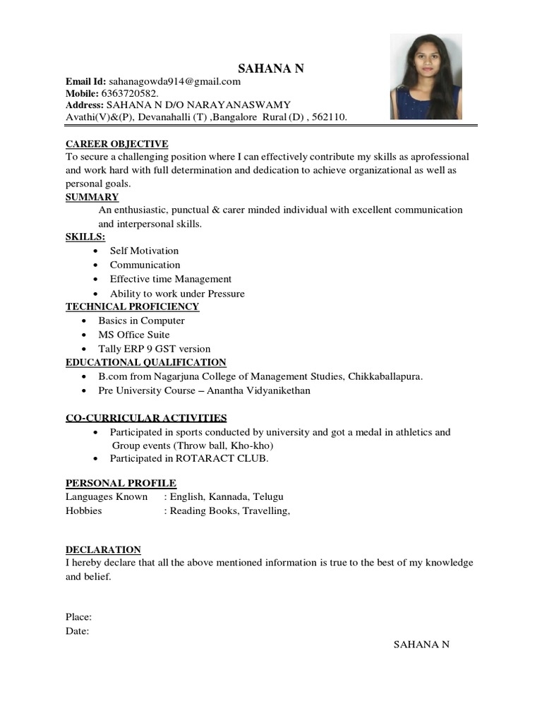 Kannada Job Resume of Sahana N | PDF | Career & Growth