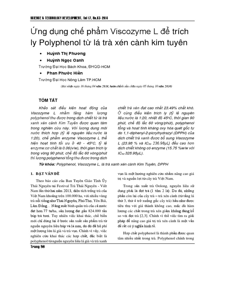 Ứng dụng chế phẩm Viscozyme L để trích ly Polyphenol t ừ lá trà xén ...