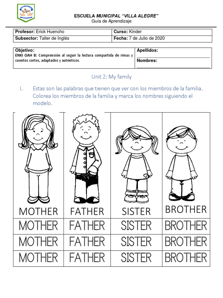 Guia 8 Taller Inglés Kinder Reading My Family | PDF | Estudios de ...