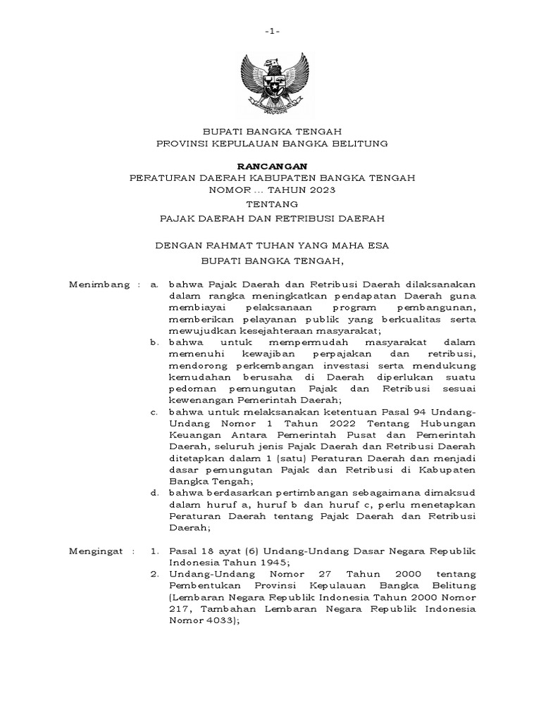 1.9. Raperda Nomor ... Tahun 2023 Tentang Pajak Daerah Dan Retribusi Daerah (Harmonisasi Kanwil ...
