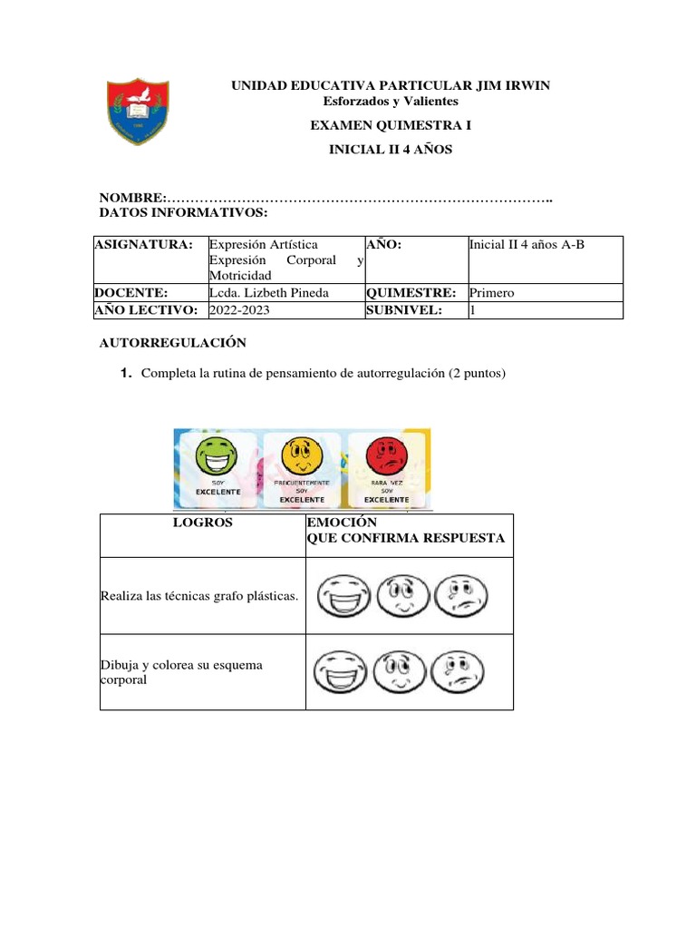 Examen Quimestral INICIAL II Exp. Corporal y Artística 2022-2023 | PDF