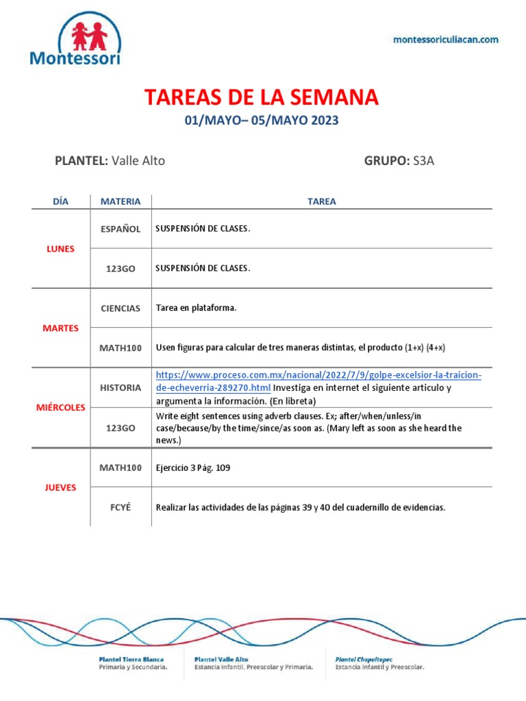 Tareas Semanales S3A Valle Alto | PDF | Métodos y materiales de ...