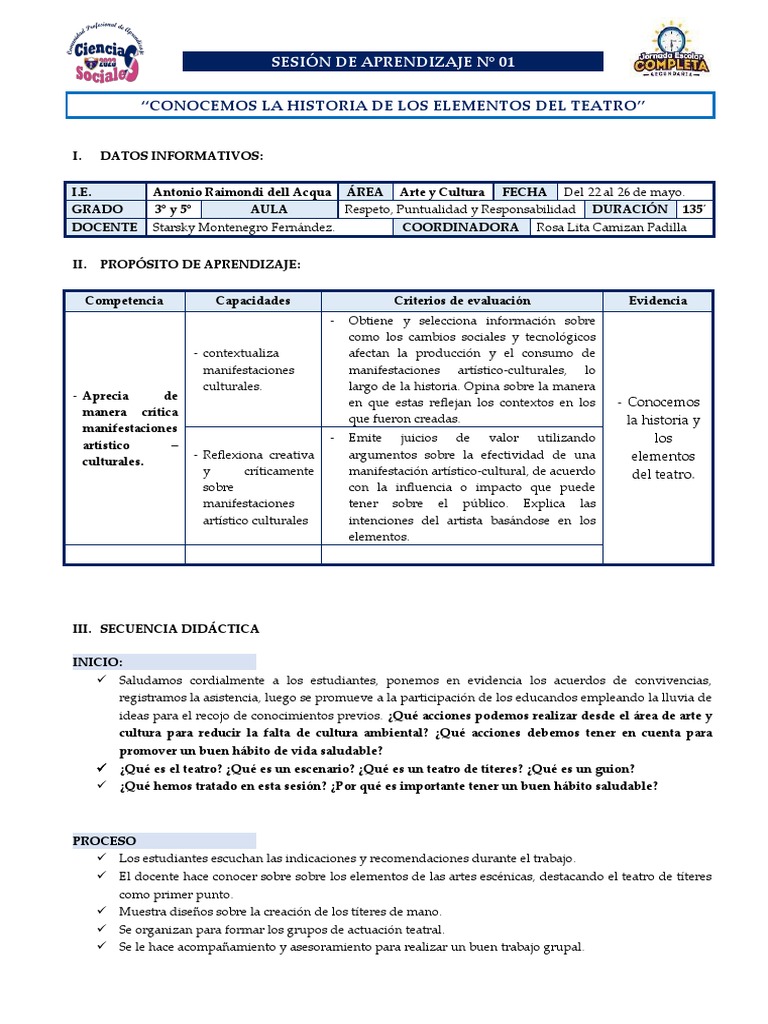"Conocemos La Historia de Los Elementos Del Teatro": Sesión de Aprendizaje #01 | PDF ...