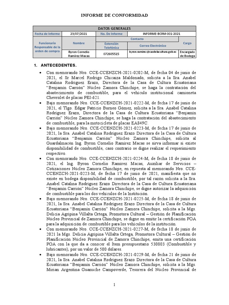 Informe de Conformidad-Combustible.. | PDF