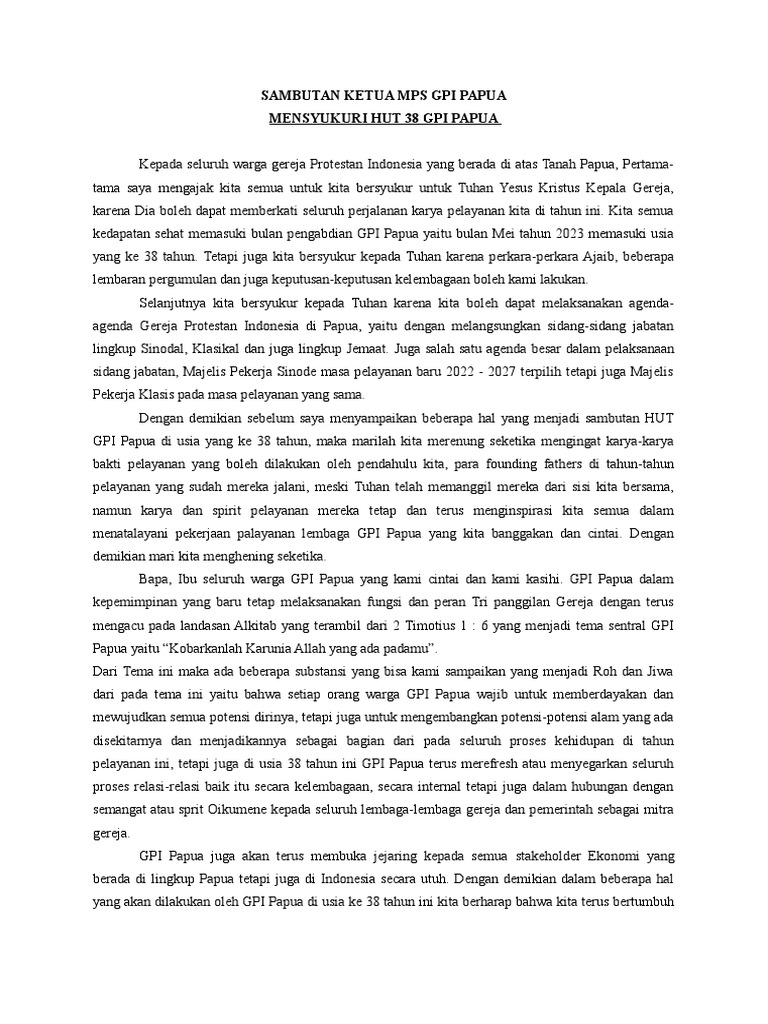 Sambutan Hut 38 Ketsin Gpi Papua | PDF