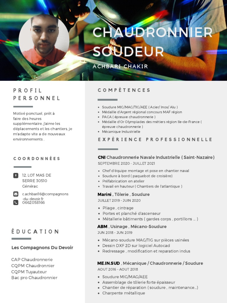CV Professionnel de Soudeur-Chaudronnier | PDF | Chaudronnerie | Soudage