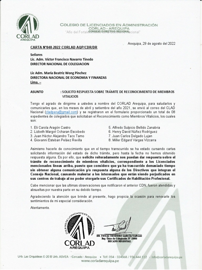 Carta #048 - Solicito Respuesta Sobre Trámite de Reconocimiento de Miembros | PDF