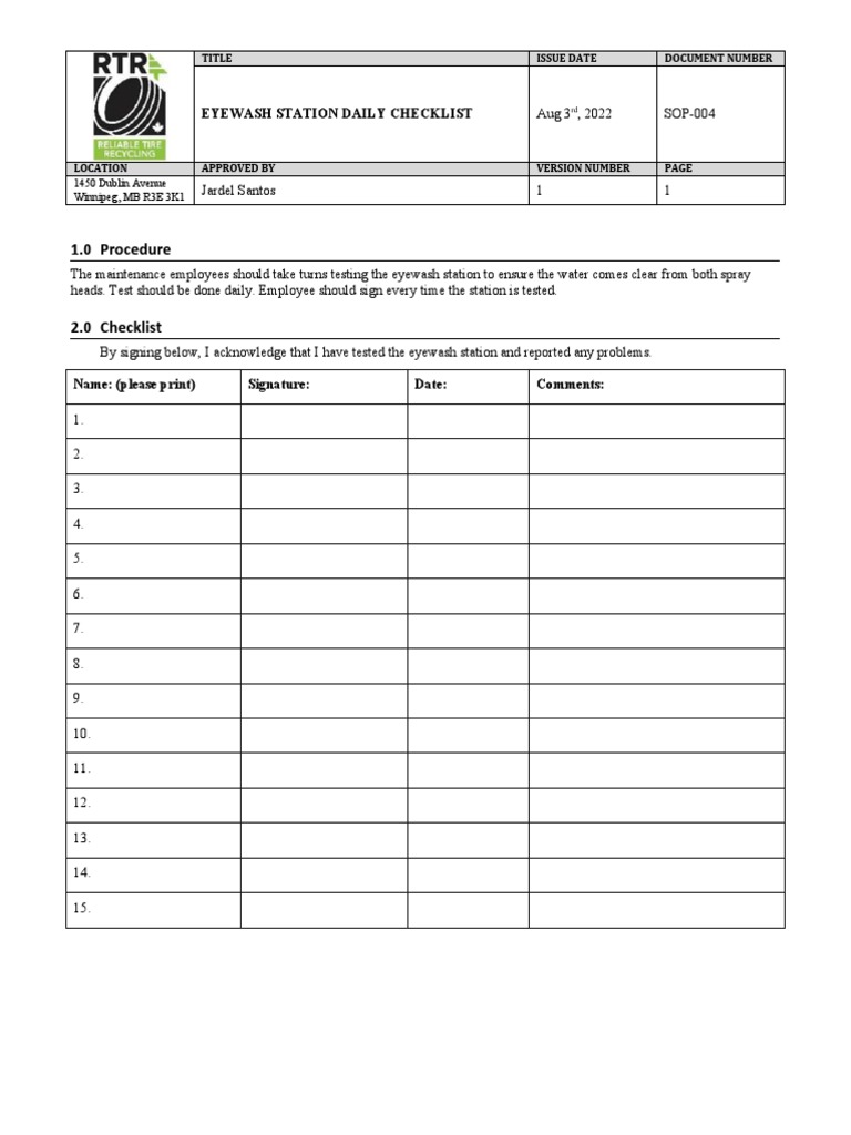 SOP-004 Eyewash Station Checklist | PDF
