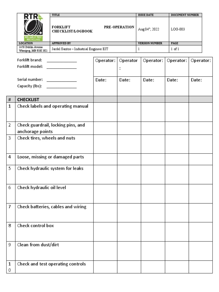 LOG-003 Scissor Lift Checklist and Logbook | Download Free PDF ...
