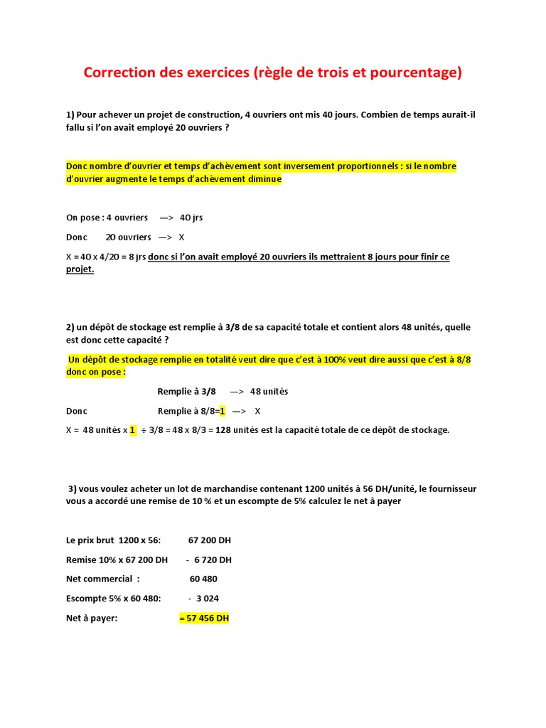 Correction Des Exercice Règle de Trois Et Pourcentage | PDF