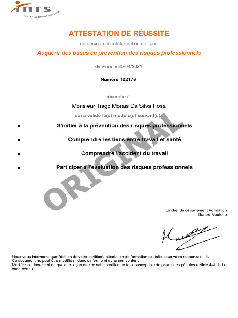 Attestation Formation Initiation en Prévention Des Risques ...
