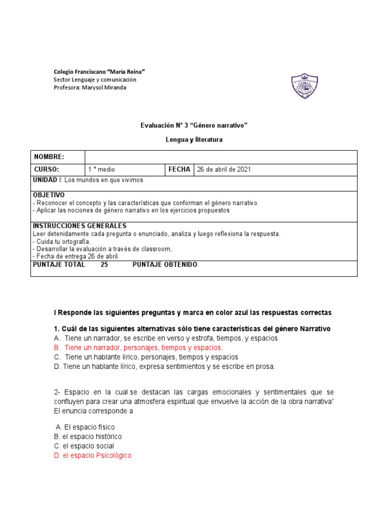 Evaluación 1° (Género Narrativo) SOLUCIONARIO | PDF | Narración