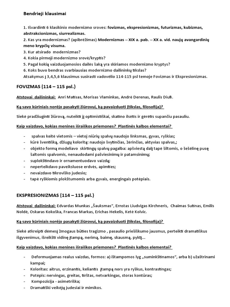 Modernizmas Bendrieji Klausimai Ir Santrauka Fovizmas Ir ...