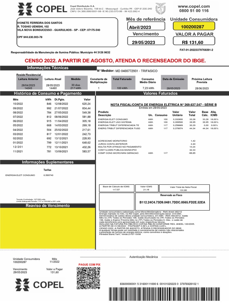 FATURA COPEL 1 | PDF | Eletromagnetismo | Energia elétrica