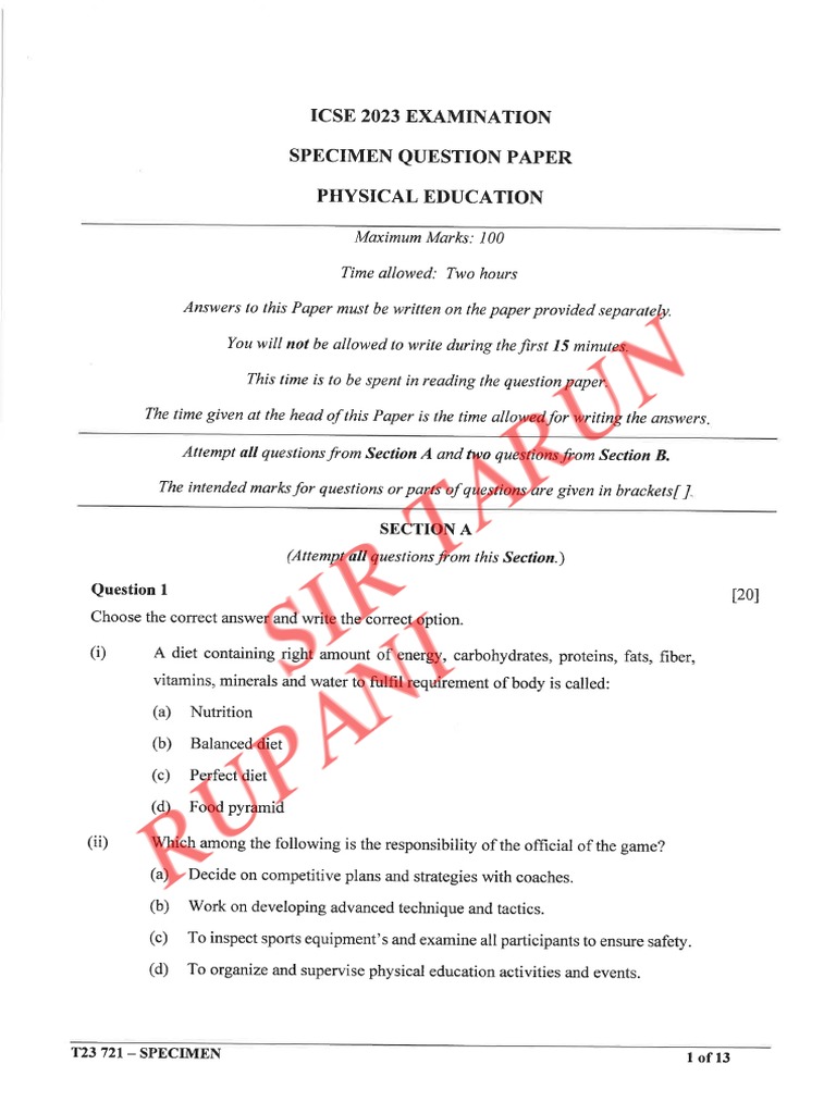 Icse 2023 Specimen Physical Education | PDF