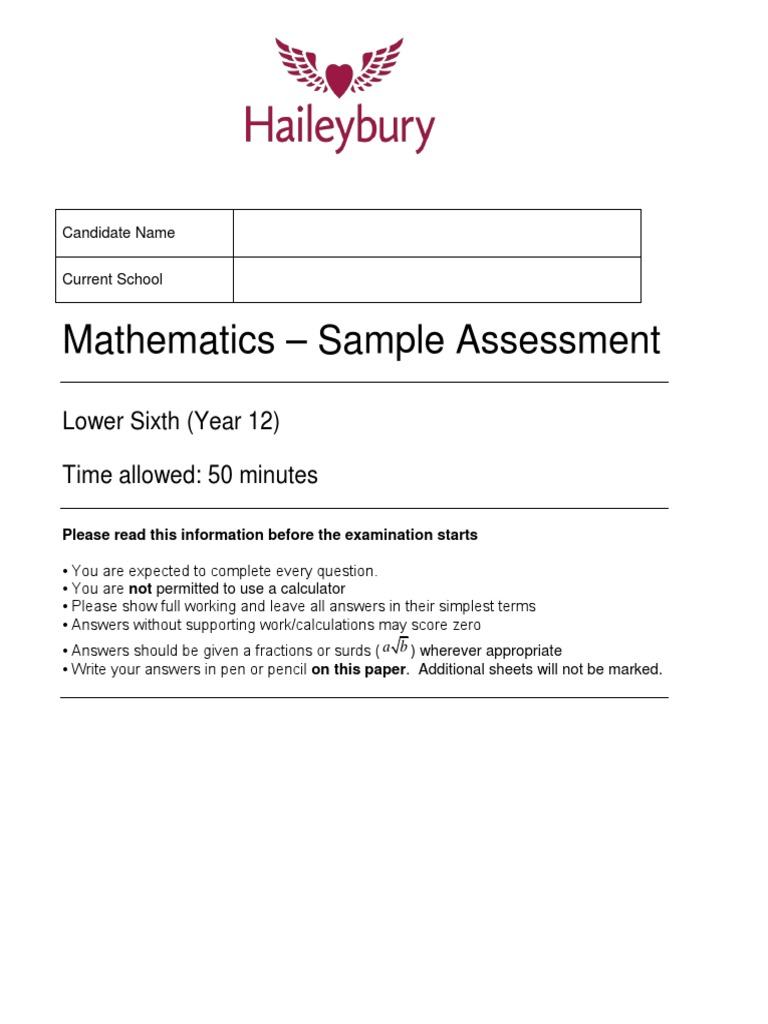 Haileybury Sixth Form Maths Sample Exam | PDF | Mathematics ...