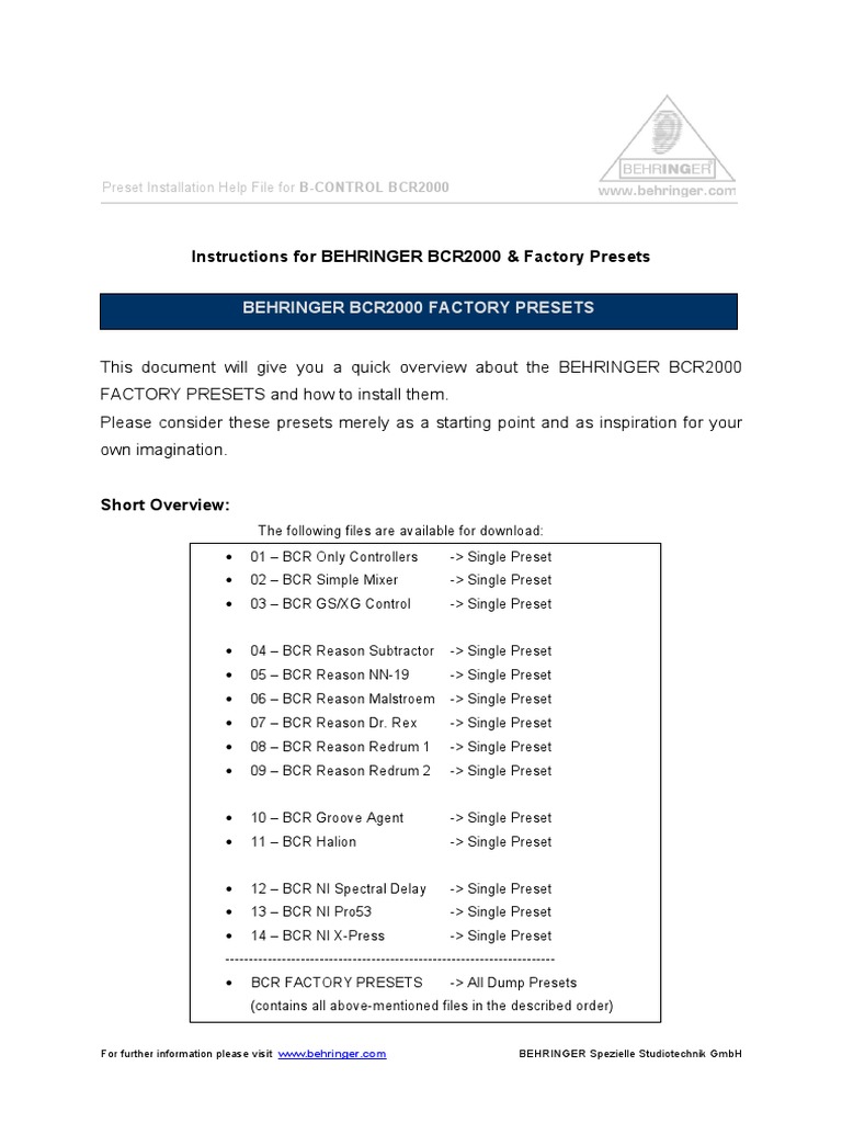 Factory Presets BCR Instructions | PDF