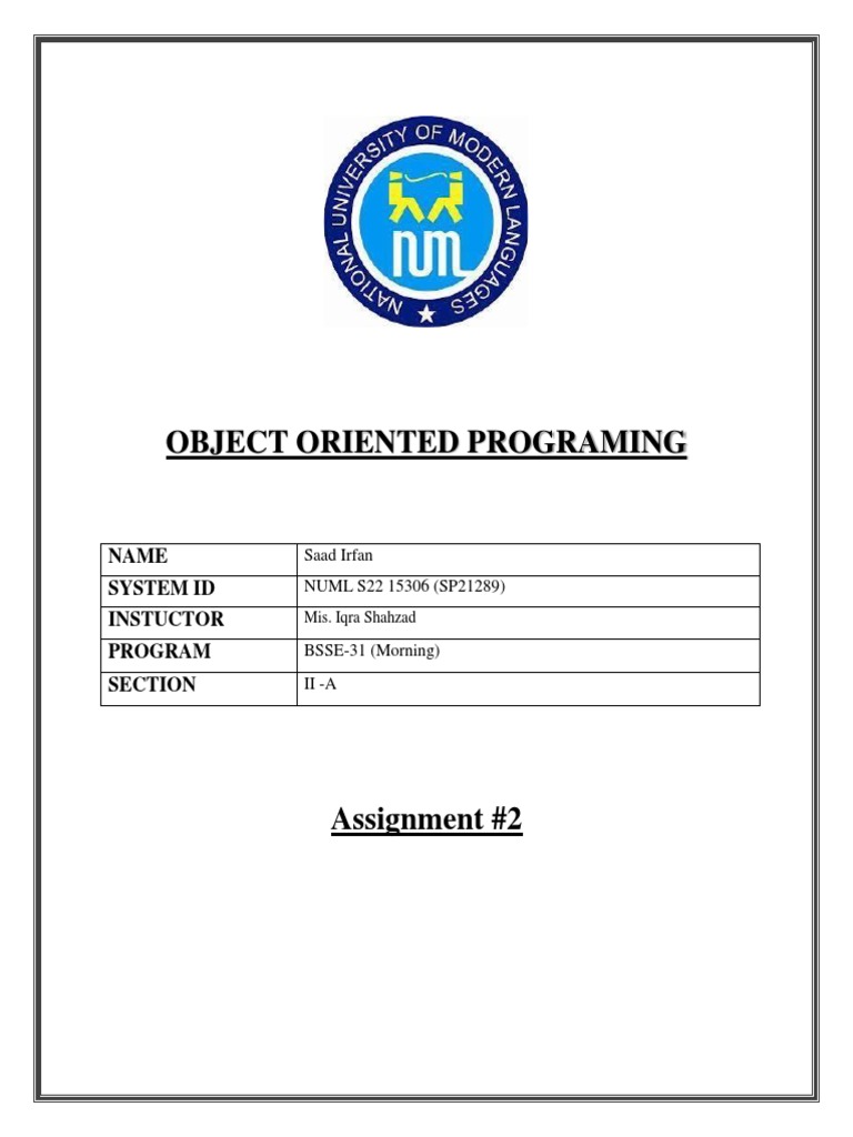 Object Oriented Programing Name System Id Instuctor Program Section