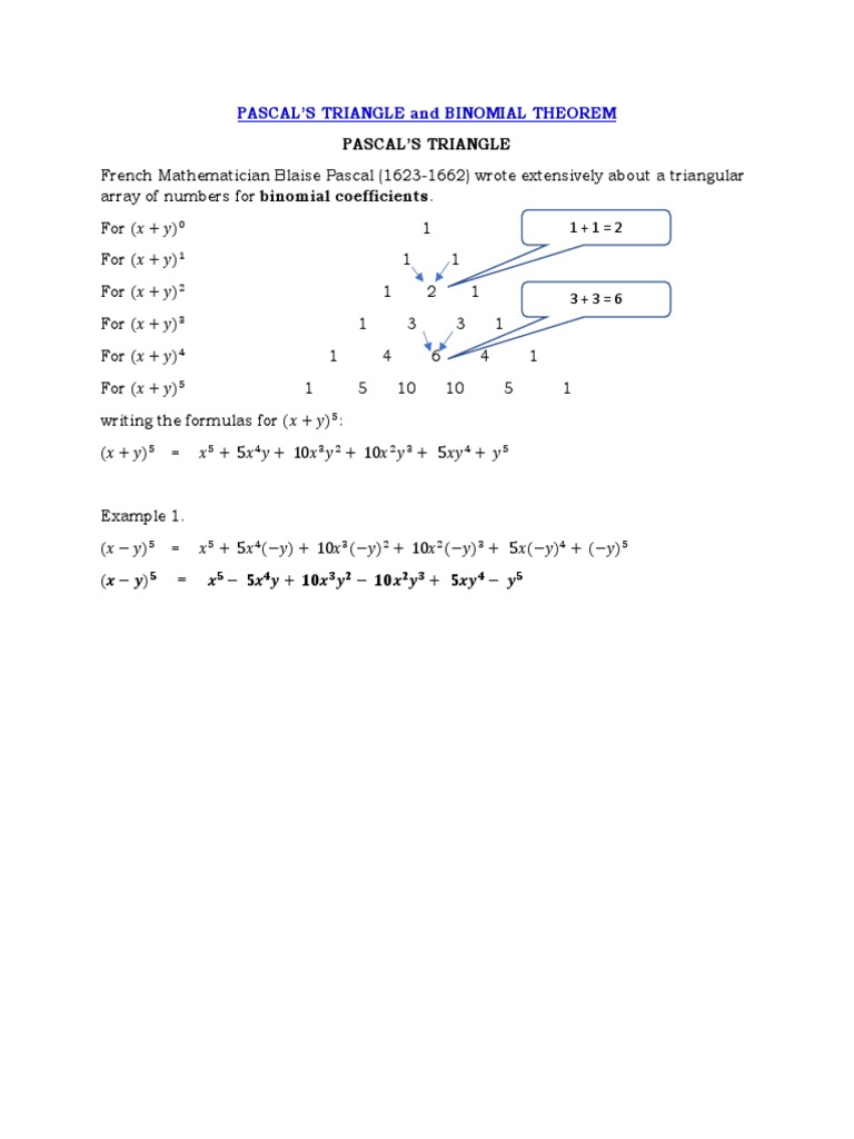Pascals Triangle and Binomial Theorem | PDF