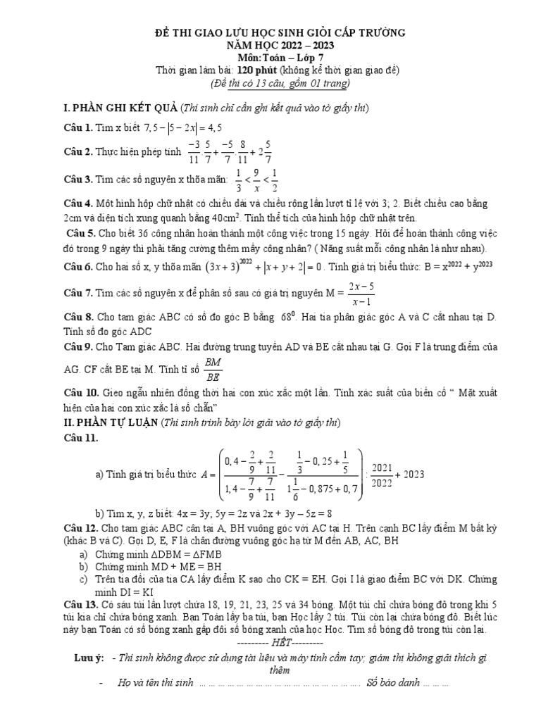 De Hoc Sinh Gioi Toan 7 Nam 2022 2023 Phong GDDT Can Loc Ha Tinh | PDF