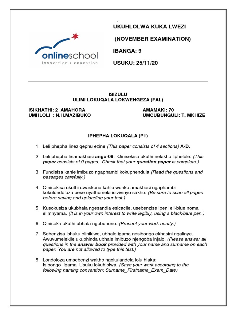 Past Exam Paper - IsiZulu GR 9 | PDF