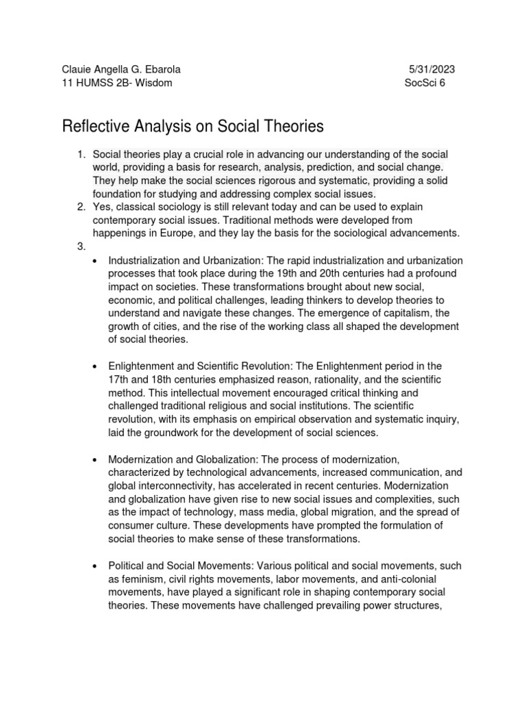 Reflective Analysis On Social Theories | PDF | Social Theory | Science