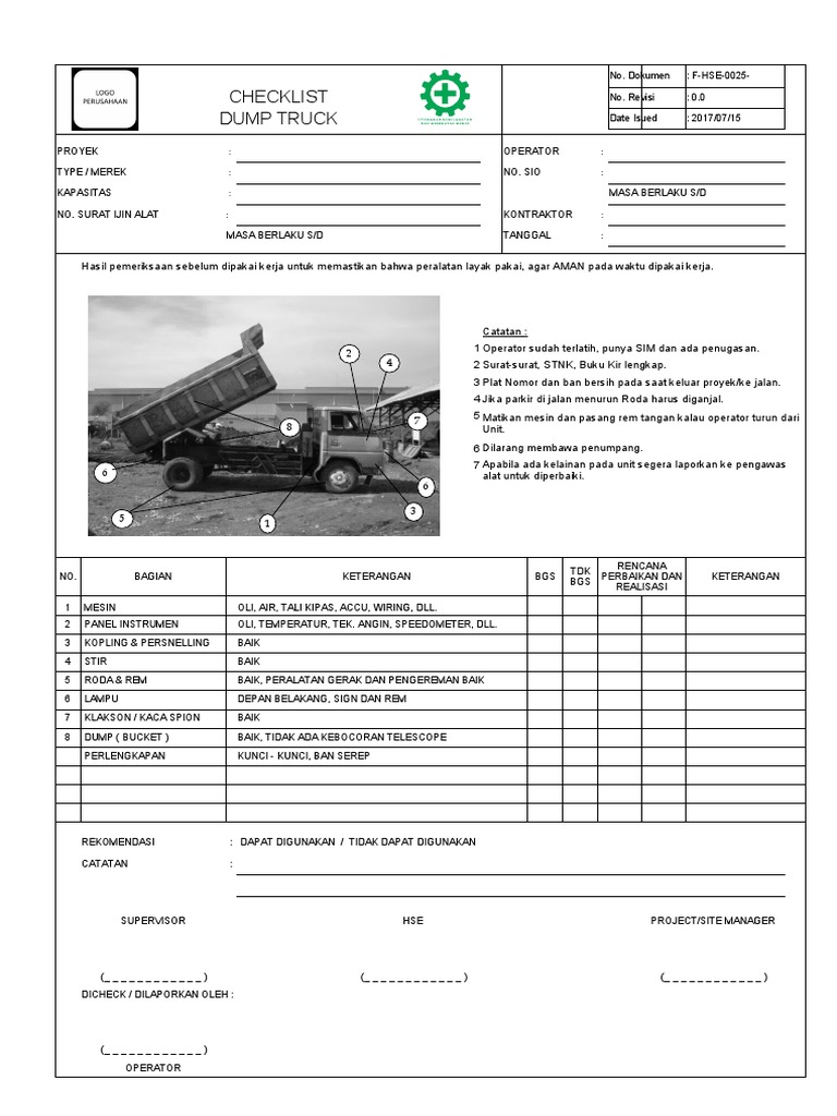 Form Checklist Inspeksi Dump Truck | PDF